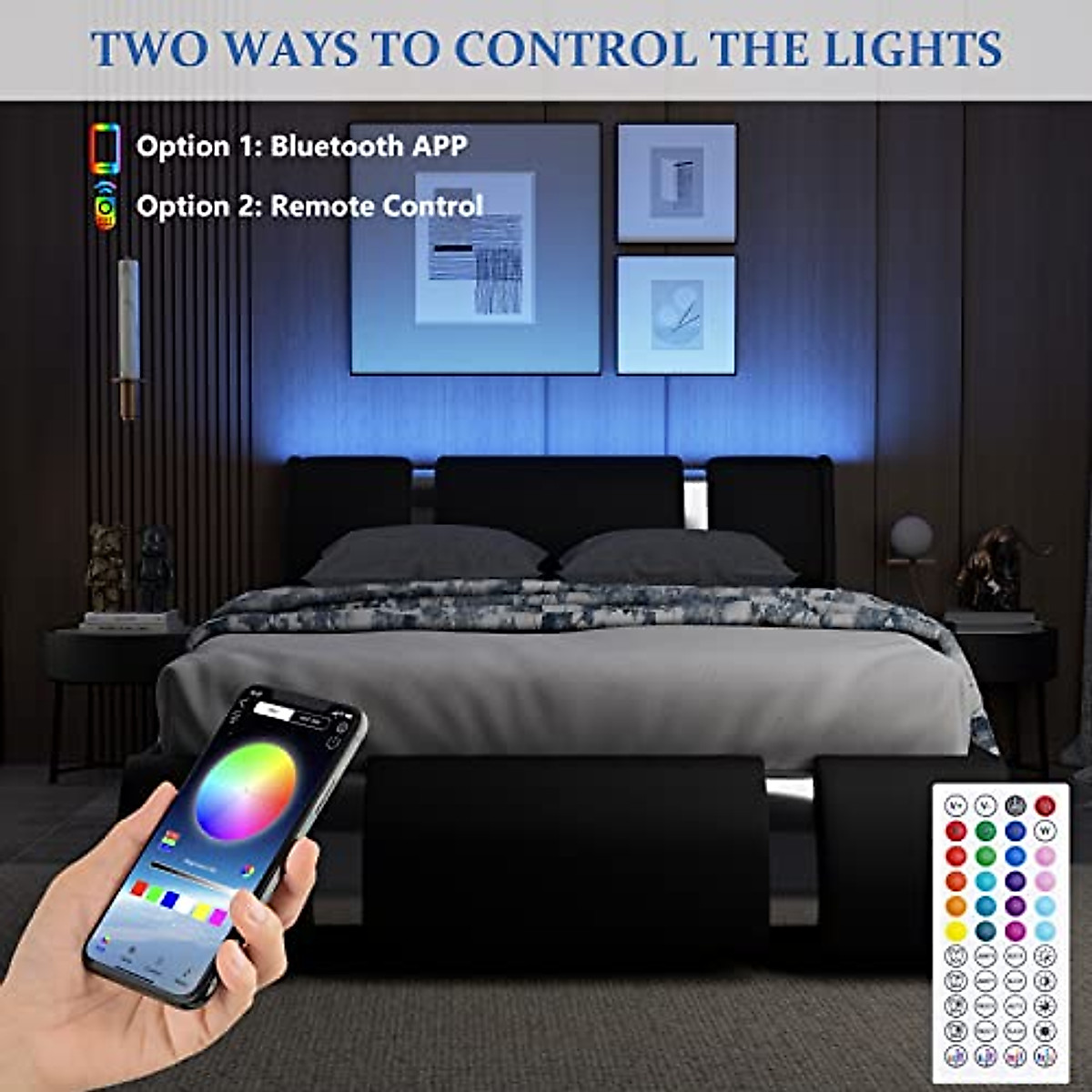 Modern Full Size LED Bed Frame, Upholstered Platform Bed Frame with Adjustable Headboard, Wooden Slats Support, No Box Spring Needed, Black