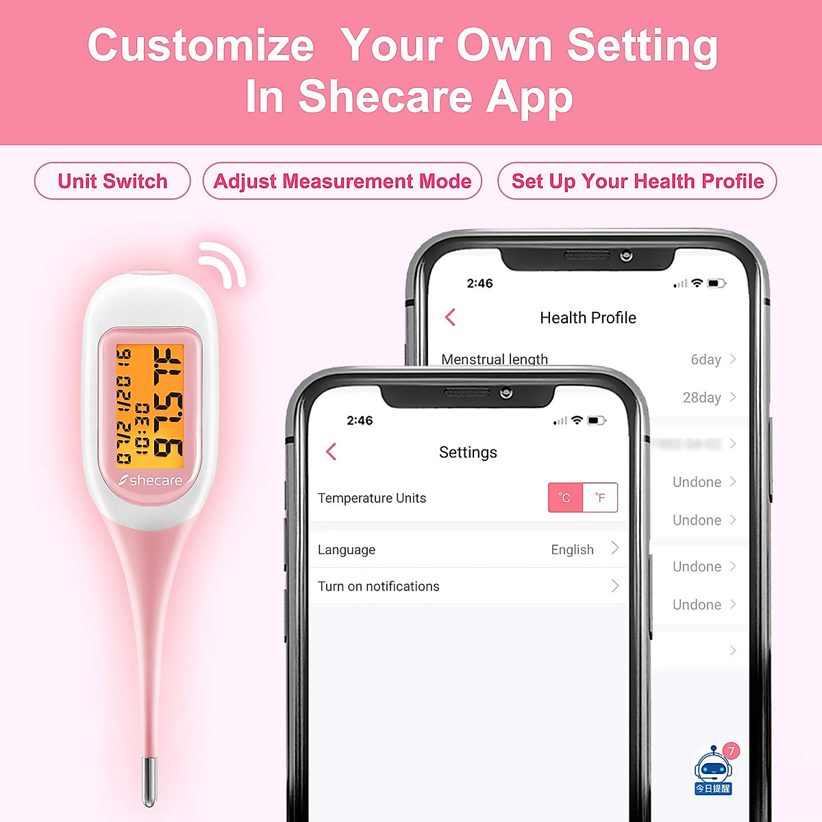 Shecare Smart Basal Thermometer for Ovulation Tracking, Digital Oral Body Temperature Thermometer for Fertility with Backlit, BBT Thermometer with Shecare App(iOS&Android) for Natural Family Planning