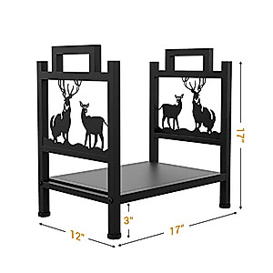 DAWNSPACES Firewood Rack 17", Outdoor Wood Holders with Handles, Indoor Heavy Duty Log Storage Rack with Elk Pattern, Metal Wood Pile Storage Stacker Organizer for Fireplace, Patio, Fire Pit