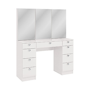 Boahaus Lily White Makeup Vanity Desk with Mirror Cabinets, Glass Top, 9 Drawers, and Crystal Ball Knobs - Modern Makeup Desk - Big Vanity - Large