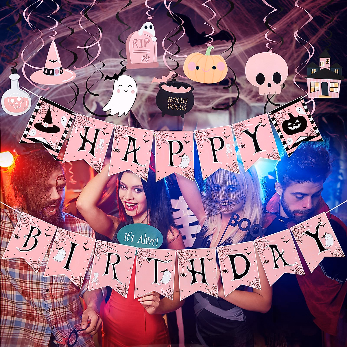 Pink Halloween Happy Birthday Banner and Halloween Birthday Hanging Swirls Happy Birthday Halloween Banner for Pink Girls Halloween Birthday Party Supplies