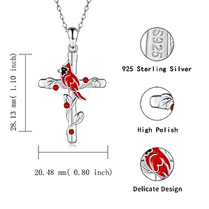 Sterling Silver Cardinal Cross Jewelry for Women: Red Bird Cardinal Cross Expandable Ring Pendant Necklace Memorial Jewelry Gift (Necklace)
