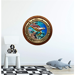 Port Scape Coral Reef Hawksbill Sea Turtle Porthole Brasswood Window Wall Decal Vinyl Sticker Ocean Fish Under Water Sea Life 12 inch