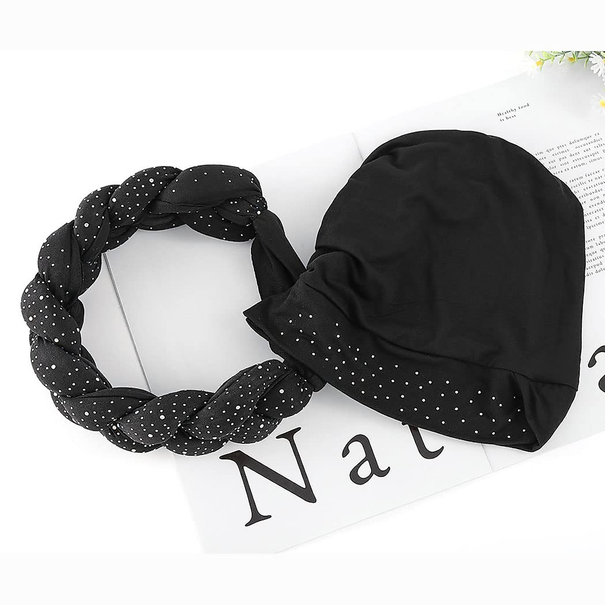 Urieo Twisted Braid Head Wrap Black Rhinestone Turban Hat African Beanie Headwrap for Women