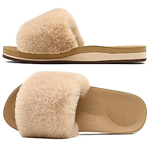 COFACE Fuzzy Slippers for Women Open Toe Fluff Womens House Slippers with Arch Support Plantar Fasciitis Orthotic Orthopedic Woman Slippers Size 7 Indoor Faux Fur Slides
