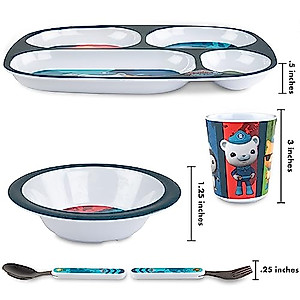 Octonauts 5 Pcs Mealtime Divided Plate Feeding Set for Kids & Toddlers-Explorer- Includes Multi-Compartment Plate, Bowl, Cup, Fork & Spoon Utensils-Durable, Dishwasher Safe, BPA Free