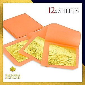 Genuine Edible Gold Leaf - 12 Sheets - Barnabas Gold - Professional Quality Gold Leaf - Loose Leaf for Cupcakes and Chocolate - 1.5 inches per Sheet - Book of 12 Sheets