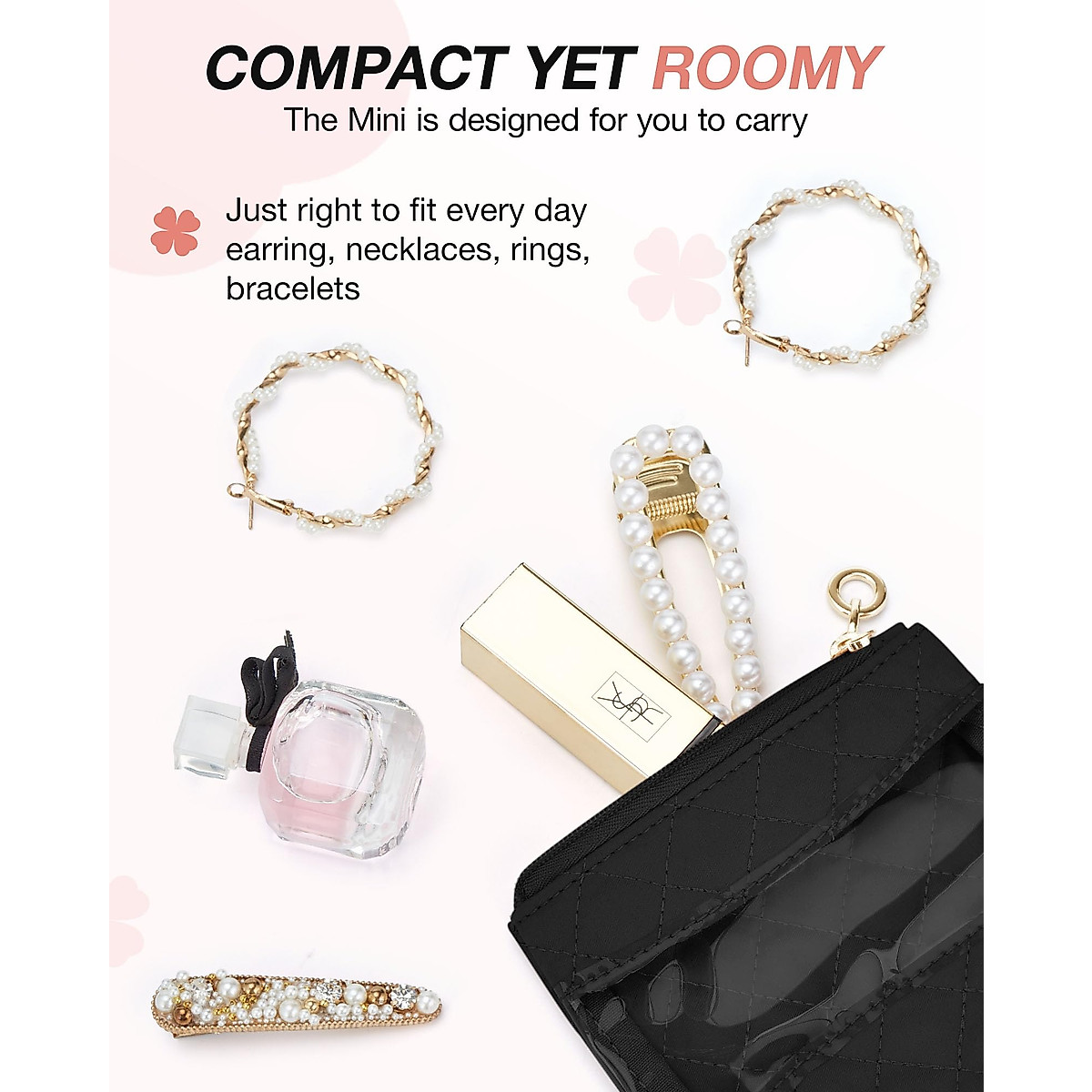 BAGSMART Travel Jewelry Organizer Case,Portable Storage Bag for Travel,Jewelry Pouch for Tangle-Free Necklaces, Earrings,Rings,Bracelet,Small,4pc Pink&Black with 4 Clover