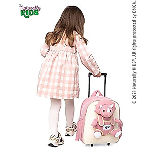 Naturally KIDS Dinosaur Backpack - Dinosaur Toys for Kids 3-5 - Kids Suitcase for Girl Boy w Stuffed Animal - Gifts for 7 Year Old - w Pockets & Reflective Logo - Rolling Backpack w Pink Triceratops