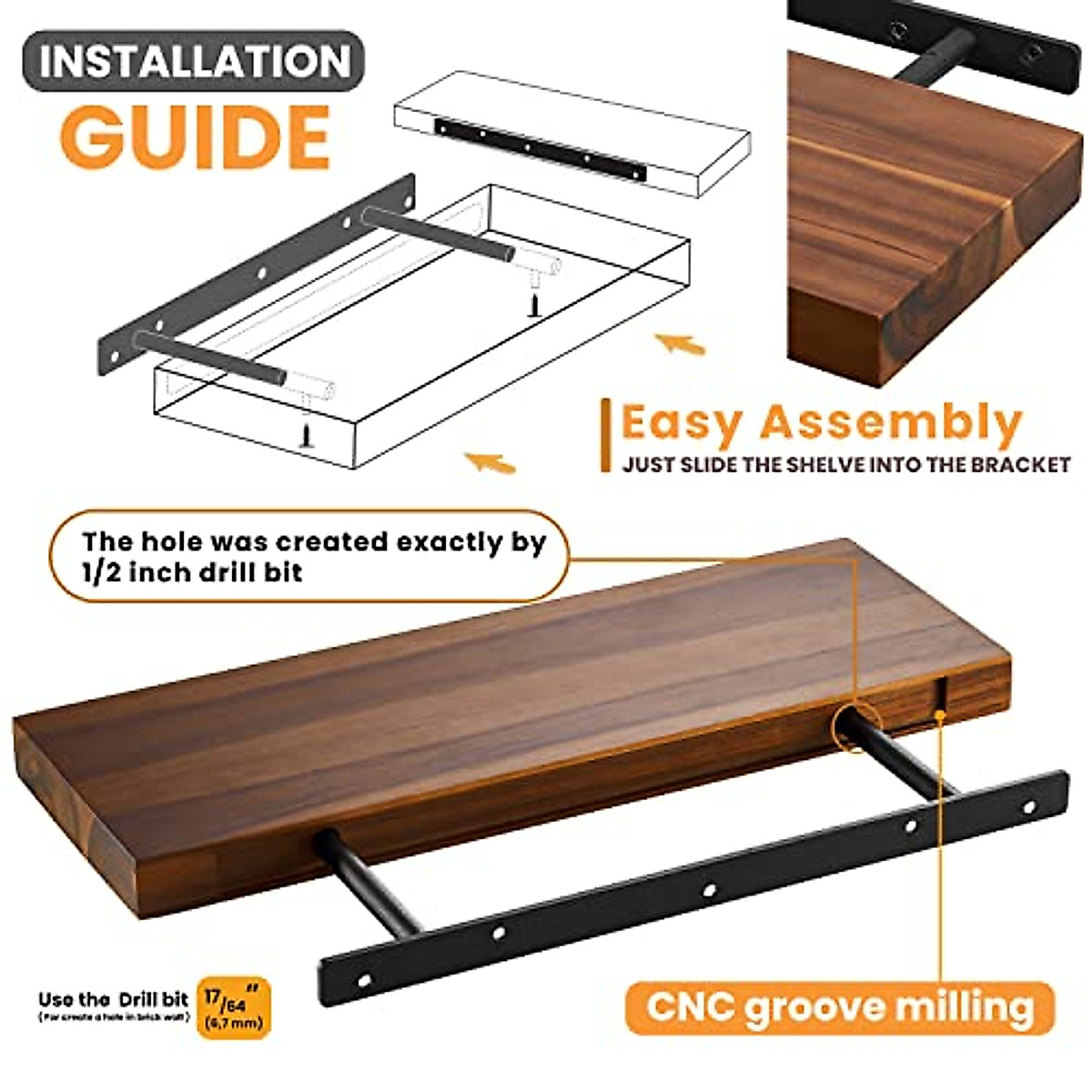 BATODA 17" Acacia Wood Floating Shelves Wall Mounted for Bathroom – Rustic Farmhouse Wooden Wall Storage Shelf for Bed Room, Kitchen, Home Décor - Brackets Included - 17 x 6 x 1.2 Inch - (Set of 2)