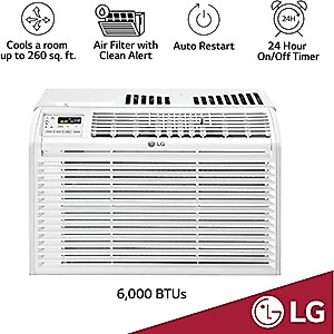 LG 6,000 BTU Window Conditioner, Cools 250 Sq.Ft. (10' x 25' Room Size), Quiet Operation, Electronic Control with Remote, 2 Cooling & Fan Speeds, 2-Way Air Deflection, Auto Restart, 115V, White