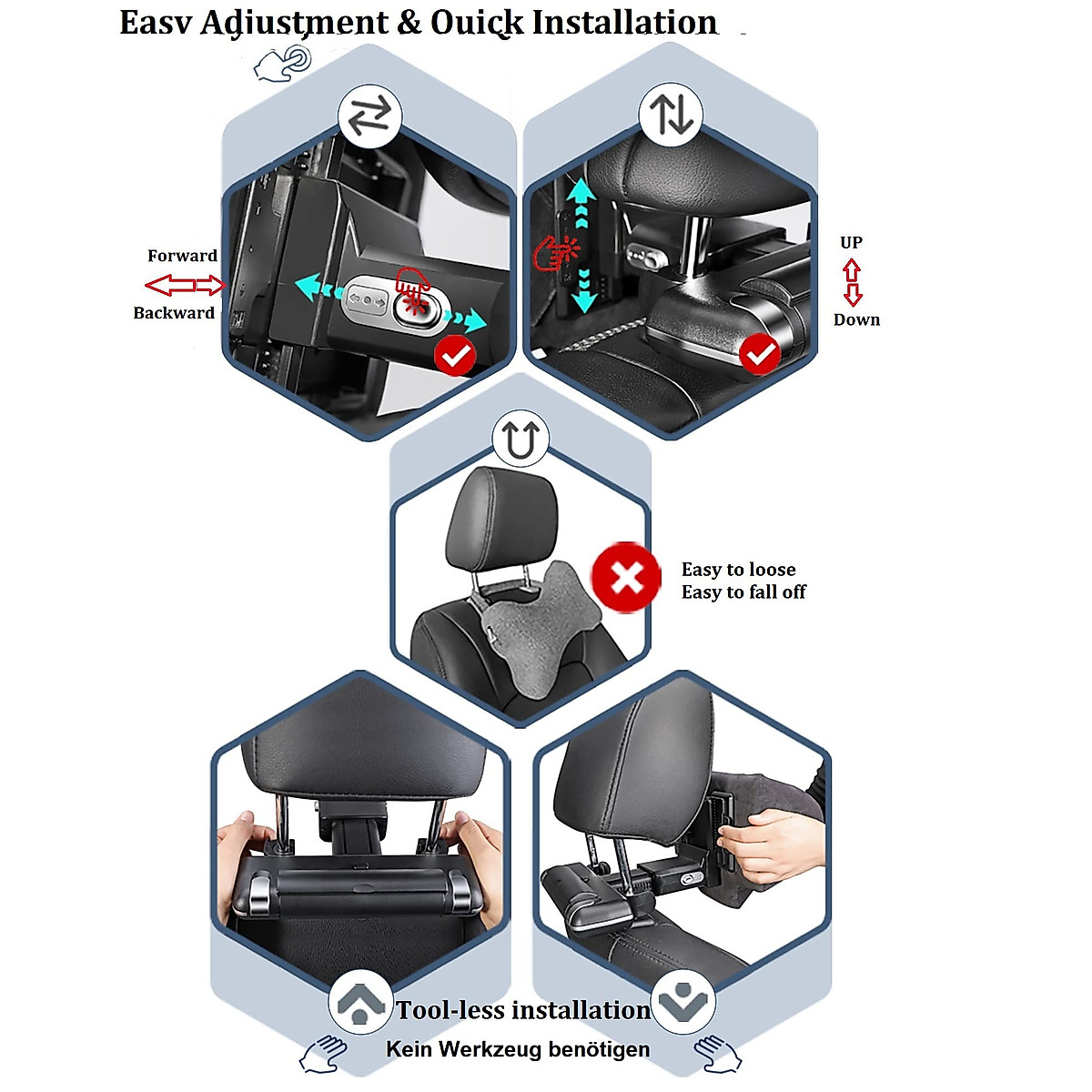 SiegenPro Car Seat Headrest Pillow Adjustable in 4 Directions Car Neck Pillow Memory Foam with Seat Back Hooks and Adjustable Headrest Phone Tablet Car Mount Holder