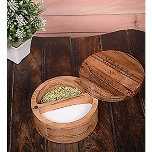SAMHITA Acacia Wood Salt & Spice Box with Magnetic Swivel Lid, SALT & PEPPER" Engraved on Lid Seasoning Ingredients Storage Holder (4.75" x 4.75" x 2.5")