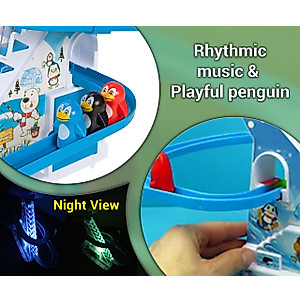 ARSUK Playful Penguin Race Game, Roller Coaster Musical Toy Track Playset with Music & LED Flashing Lights On/Off Button for Toddlers and Kids Gift