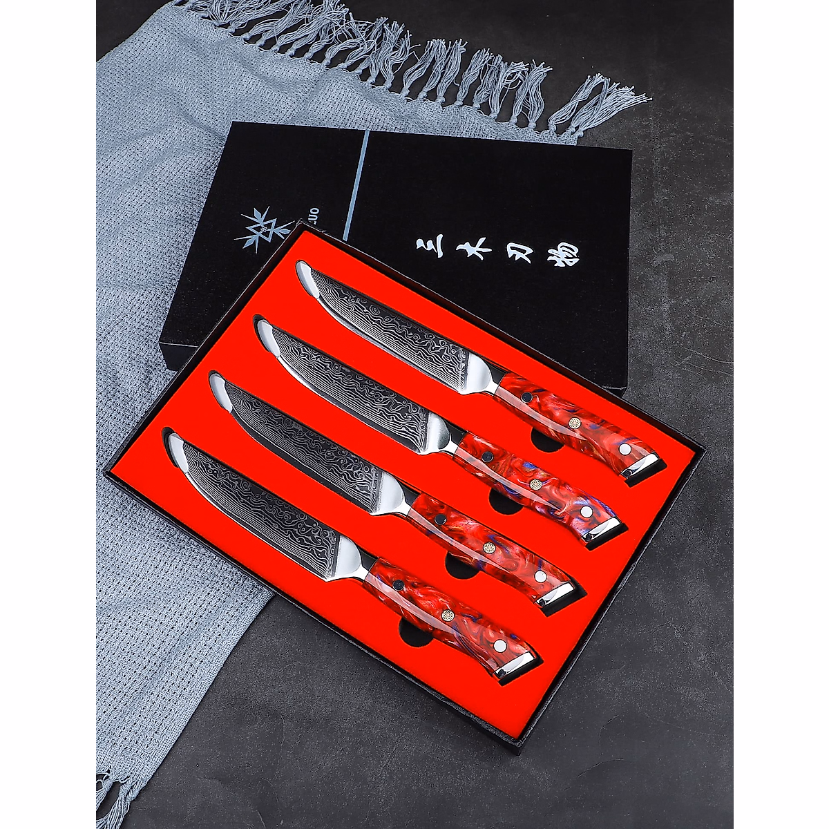 SANMUZUO Steak Knives Set of 4, Ultra Sharp Non Serrated Kitchen Steak Knife 5 Inch - Damascus Steel & Resin Handle - Xuan Series (Sunset Red)