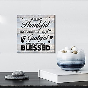 Lameila Thankful Grateful Sign Wall Art Prints Canvas Painting Rustic Very Thankful Incredibly Grateful Unbelievably Blessed Print Christian Home Decor 8" x 8"