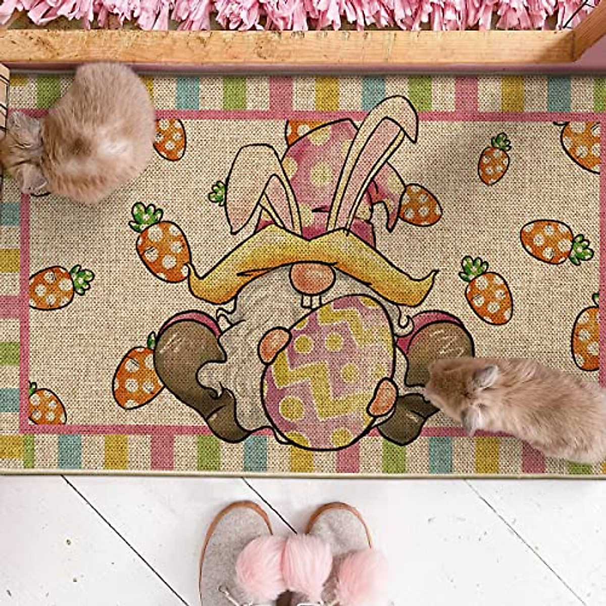 Artoid Mode Gnome Egg Carrots Easter Doormat, Seasonal Spring Summer Home Decor Low-Profile Switch Rug Door Mat Floor Mat for Indoor Outdoor 17x29 Inch