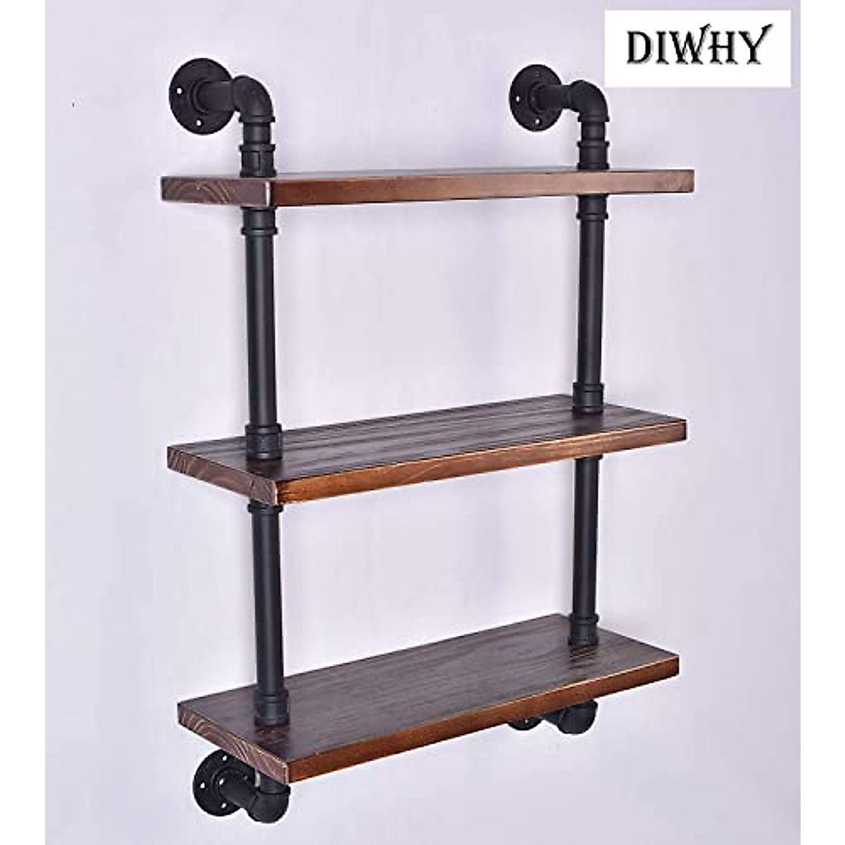 Diwhy Industrial Pipe Shelving Bookshelf Rustic Modern Wood Ladder Storage Shelf 3 Tiers Retro Wall Mount Pipe Design DIY Shelving (Black, L 24")