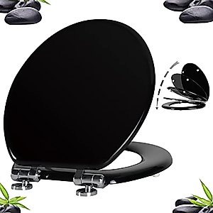Angel Shield Toilet Seat with Zinc Alloy Hinges Quiet-Close Quick-Release Wood Molded UV Lid Easy Clean(Round,Black)
