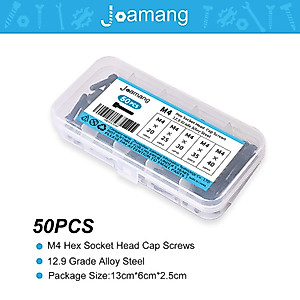 Joamang M4 x 20mm 25mm 30mm 35mm 40mm Hex Socket Head Cap Screws Bolts, 12.9 Grade Alloy Steel, Black Oxide Finish, Metric Allen Hex Drive, Fully Threaded, Assortment Kit 50Pcs