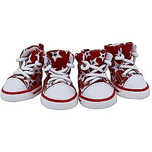 Magicorange 4 Pcs Pet Shoes Puppy Sport Denim Shoes, Outdoor Anti-Slip Sneaker Boot Causal Dog Shoes for Small Medium Size and Large Dogs (#4, Red)