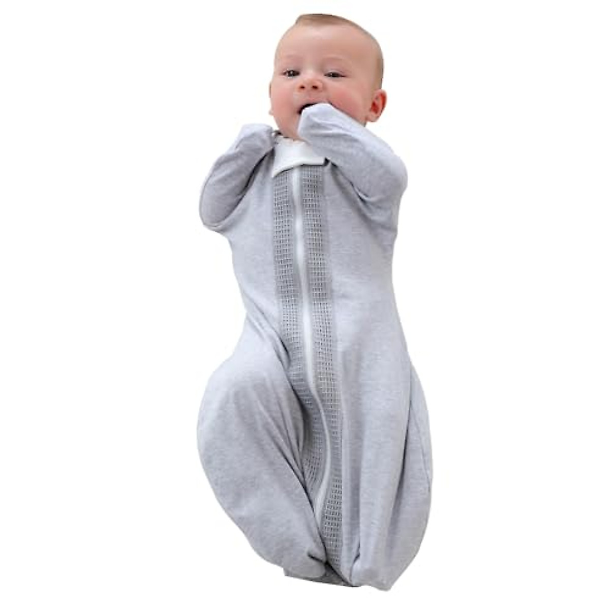 ZIGJOY Baby Transition Swaddle, 0.5 TOG Stretchy Transitional Swaddle with 2-Way Zipper, Cotton Self-Soothing Sleep Sack for Better Sleep, Grey, 0-3 Months