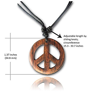 Earth Accessories Adjustable Peace Sign Pendant Necklace with Organic Wood - Hippie Accessories and Hippie Costume for 60s or 70s