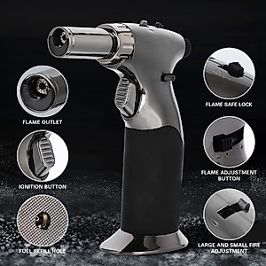 Butane Torch Lighter with Adjustable Flame, One Handed Blow Torch with Safety Lock, Refillable Cooking Torch for Creme Brulee, Grilling, Desserts, BBQ, Baking(Butane Gas Not Included) (black grey)