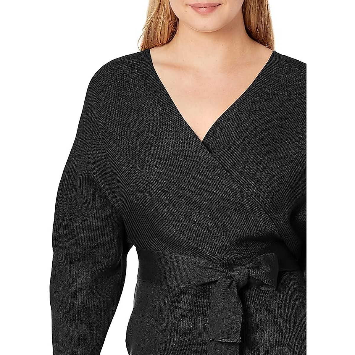 Mansy Women's Sexy Cocktail Batwing Long Sleeve Backless Mock Wrap Knit Sweater Mini Dress (L, Black)