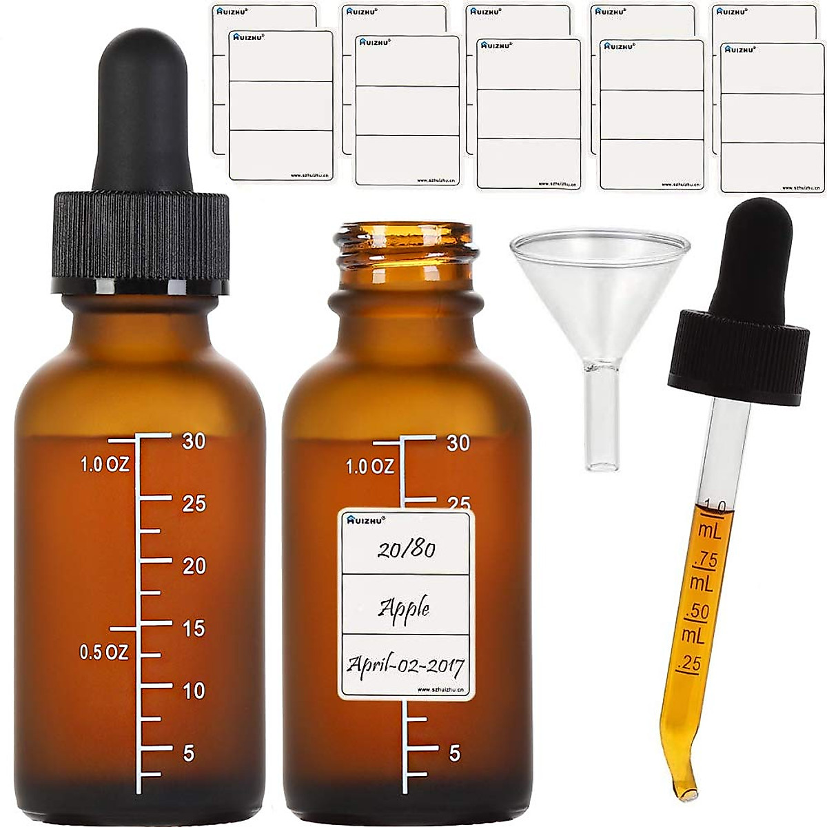 12pcs 30ml Glass dropper Dropper Perfume bottle with non-childproof caps measure scale and strong suction Nozzle bottle with funnel and tags (30ML 12PCS)