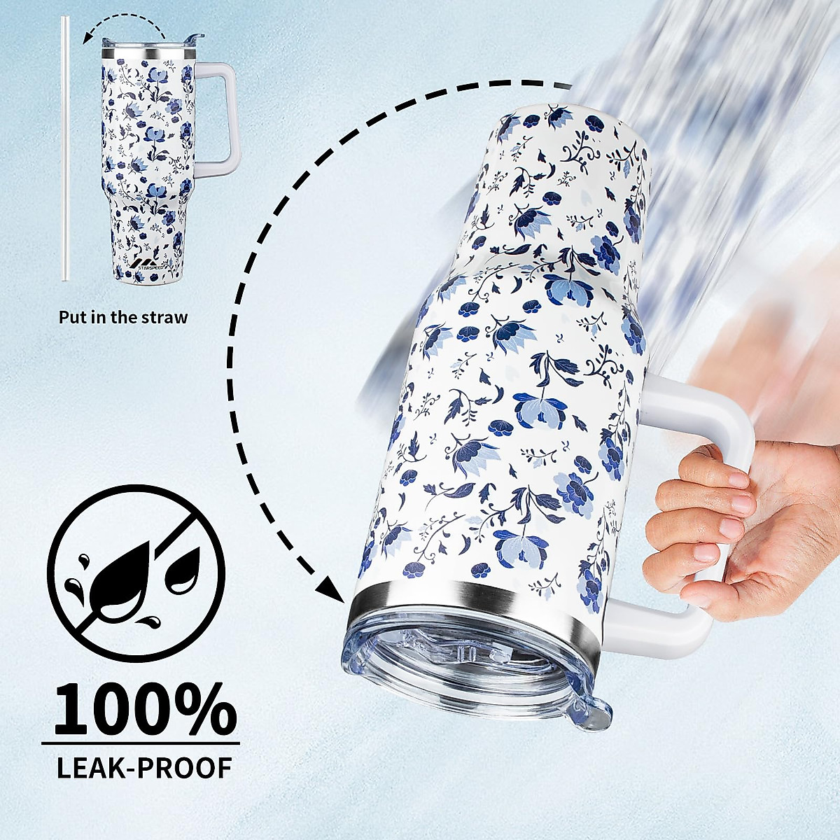 StarSpeed 40 oz Tumbler with Handle and Straw Lid | Stainless Steel Water Bottle Travel Mug Reusable Insulated Cup With Lid And Straw, Keep Cold Heat and Ice for Hours(40oz,Porcelain)