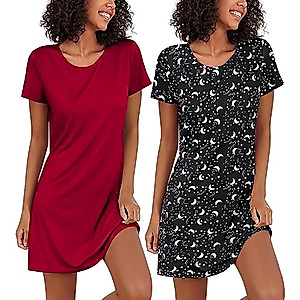 Ekouaer Sleepshirt Women 2 Packs O Neck Nightgown Cute Boyfriend Night Shirt Soft Loose Sleep Dress