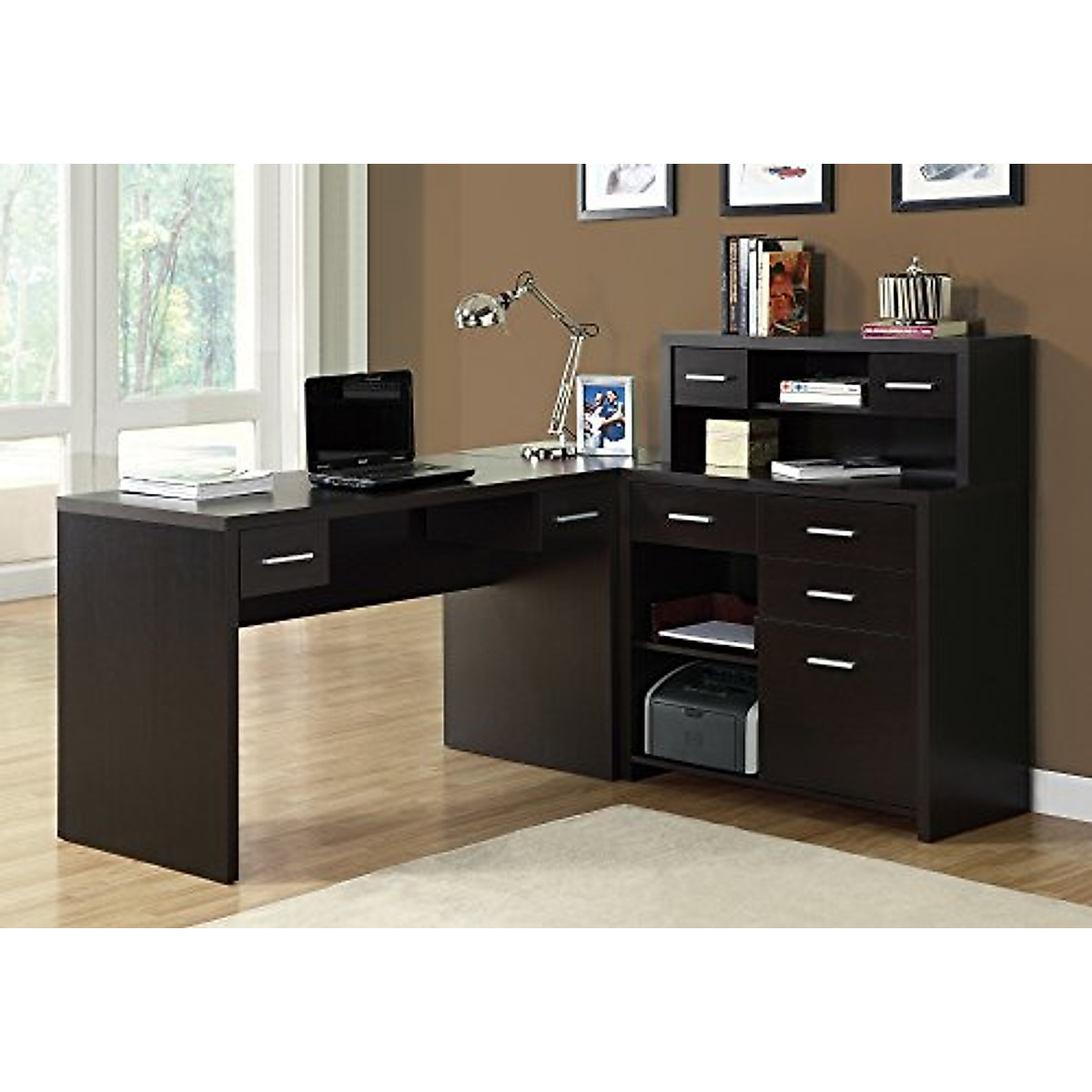 Monarch Specialties Computer Desk L-Shaped - Left or Right Set- Up - Corner Desk with Hutch 60"L (Cappuccino)