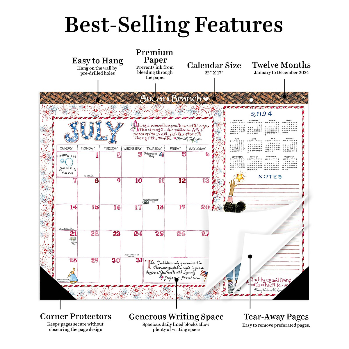 TF PUBLISHING 2024 Susan Branch Large Desk Pad Monthly Blotter Calendar | 12 Month Desktop Calendar | For Office Desk or Wall | Tear-Off Pages with Large Monthly Grids | Horizontal | 22” x 17”