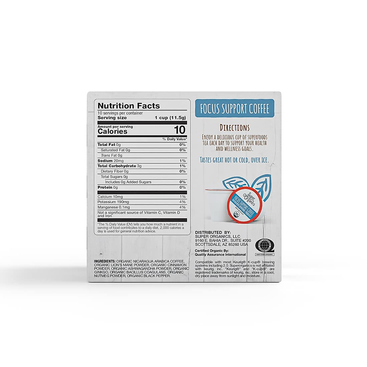 Super Organics Focus Support Coffee Brew Cups With Superfoods & Probiotics, Keurig K-Cup Compatible, Adaptogens, Medium Roast, USDA Certified, Vegan, Non-GMO, 10 count