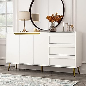 ECACAD Modern Sideboard Buffet Storage Cabinet with 3 Drawers & 3 Doors, Kitchen Cupboard Console Cabinet with Metal Legs for Living Room, Entryway, White (63”L x 15.6”W x 33.4”H)