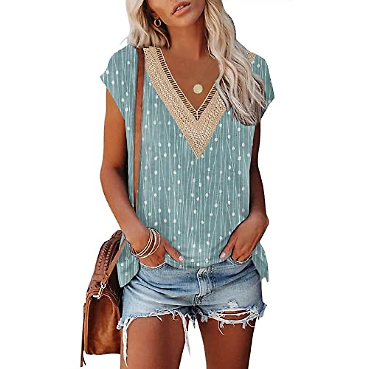 Basic Tops for Women Trendy Cap Sleeve Casual Shirts Floral Print Lace V Neck Loose Fit Blouses