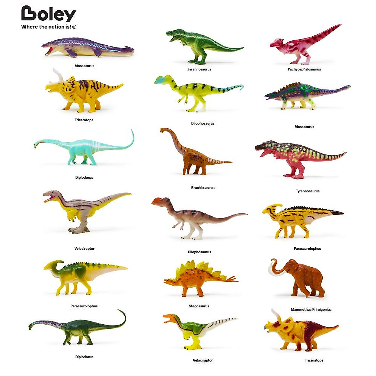 Boley 18 Pack 4" Dinosaur Toy Set - Educational Dinosaur and Mammoth Figures - Realistic Toys for Kids - Perfect for Learning and Play - Great Birthday Party Favors - Safe & Durable - Ages 3+
