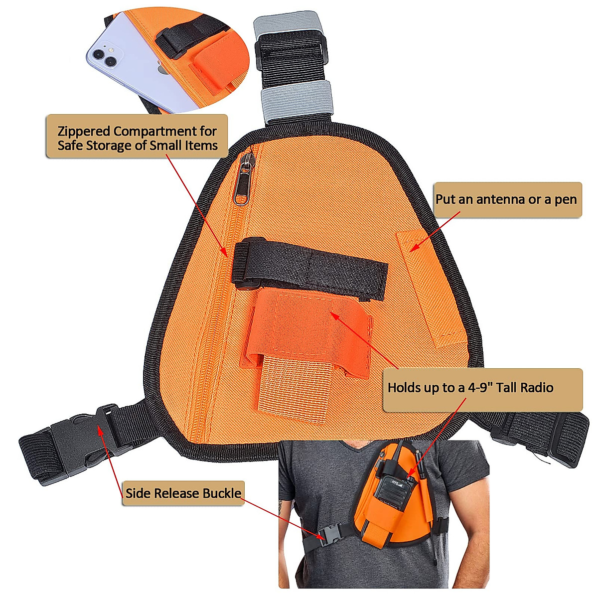 HYS Radio Chest Harness, Adjustable Shoulder Strap with an Adjustable Single Radio Pouch for Motorola Wonxun Kenwood baofeng Icom 2-way Radio (Orange, Large)