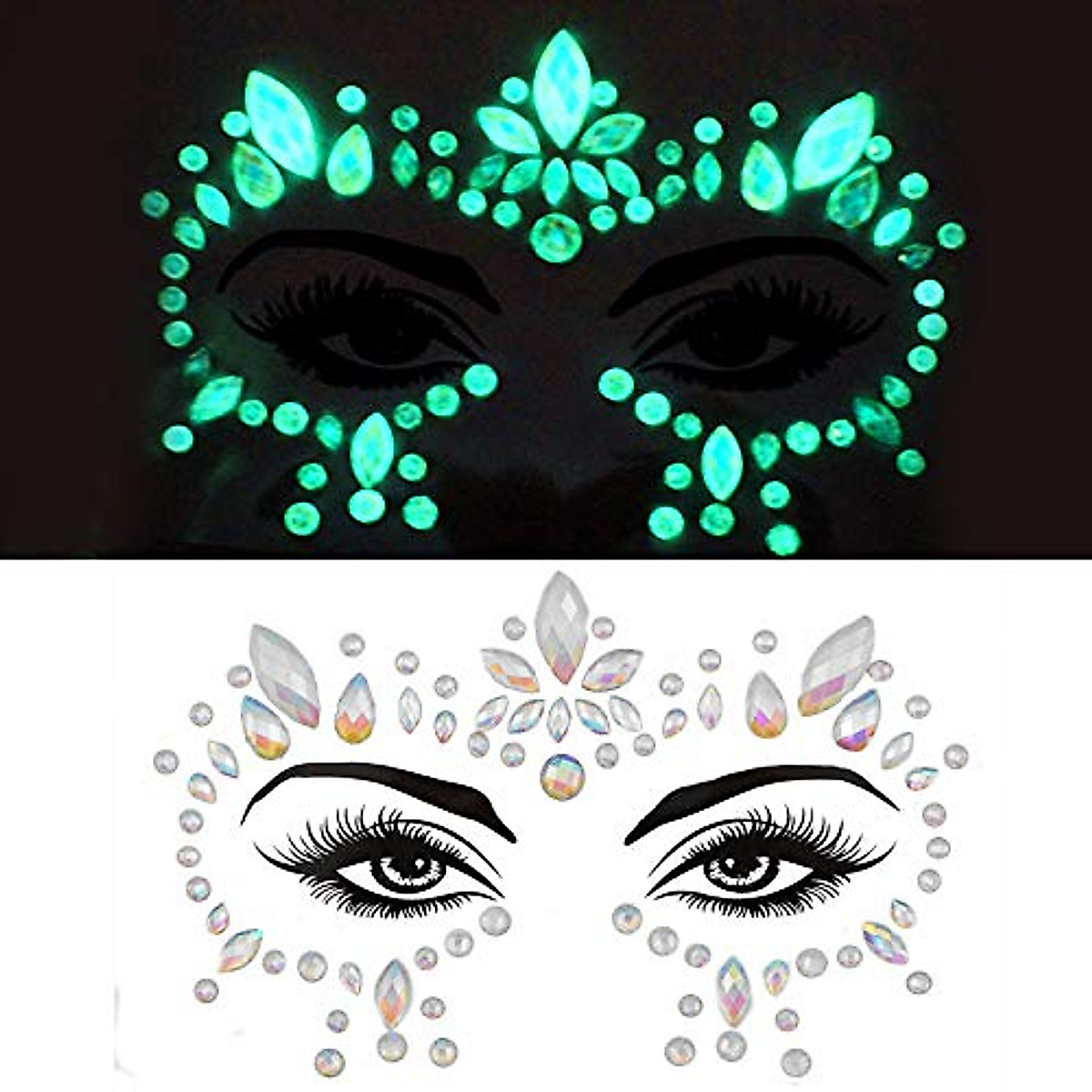 glow in the dark face gems stick on face jewels festival rave outfit mermaid rhinestone diamond pastie fluorescent body glitter jewels halloween face makeup (tp319 around eyes)