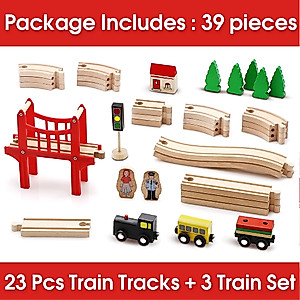 Tiny Land 74 Pcs Wooden Train Set with Battery Operated Train & Wooden Tracks -fits Thomas, fits Brio, fits Chuggington, fits Melissa and Other Major Brands for Kids Toys for 3+ Years