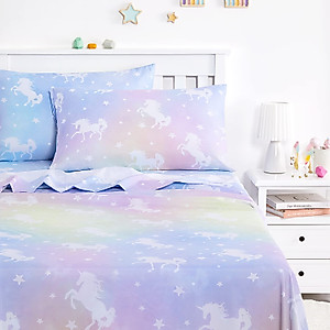 Wake In Cloud - Unicorn Bed Sheets for Girls, 4-Piece Sheets Set Kids, Colorful Rainbow Unicorns Pattern Animal Stars Soft Lightweight Bedding, Deep Pocket, Purple Blue, Twin Size