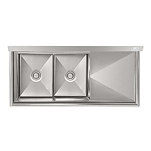 KoolMore 63 in. 18-Gauge 2-Compartment Commercial Sink with Backsplash and 24 in. Right Drainboard, Bowl dimensions 18"x24"x14" in Stainless-Steel (KM-SB182414-24R3)