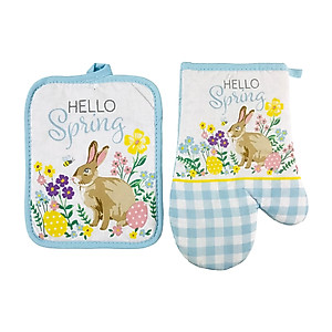 Easter Spring Kitchen Dish Towels Pot Holder Oven Mitt Set, 5c: Blue Gingham Country Bunny in Spring Flowers (Country Blue)