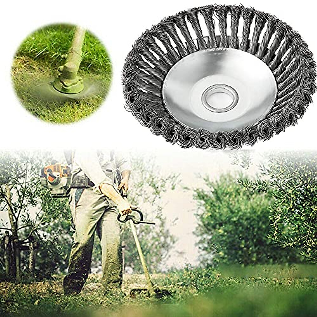 Kink Wire Wheel Brush,Rotary Weed Brush, Lawn Mower Grass Brush Trimmer Head, Straight-axis Gas Trimmer, Weed Trimmer, Rust Remover.Thickened Steel Wire wear-Resistant Spring Steel Wire Wheel.