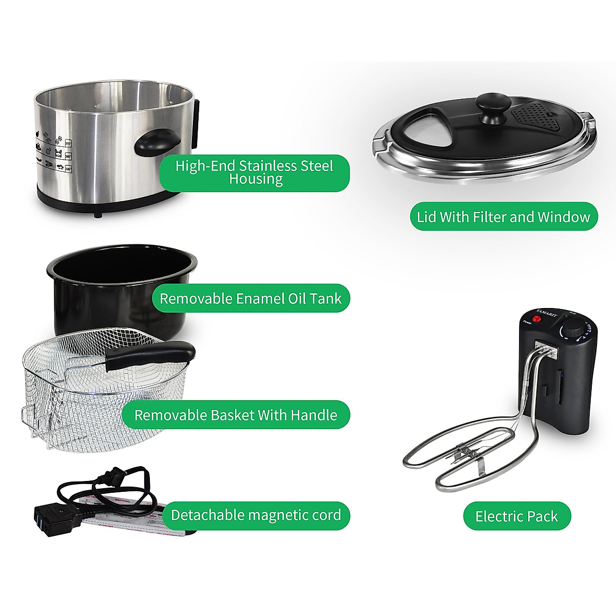 TAMARIT 3.5L Deep Fryer with Basket for Home Use,1800W Electric Fryer with Temperature Control, View Window & Filter Lid, Oval Shape, Ideal for Fries, Fish and Chicken, Stainless steel and Black