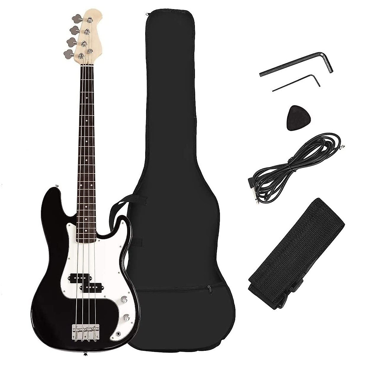 OLAKIDS Electric Bass Guitar Beginner Kit Full Size 4 String Exquisite Paulownia Burning Bass with Strap, Gig Bag, Amp Cord and Accessories (Black)