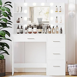 Irontar Vanity Desk, Makeup Vanity with 10 LED Lights & 4 Drawers, Brightness Adjustable, Dressing Table Desk with 6 Shelves, Bedroom Vanity Table for Girls, Women, White WDT003W