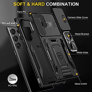 FRLMOOES for Samsung Galaxy S23 Ultra Case with Tempered Glass Screen Protector,Samsung Galaxy S23Ultra Kickstand Case with Slide Camera Cover&360°Magnetic Ring Stand Shockproof Phone6.8inch Man black