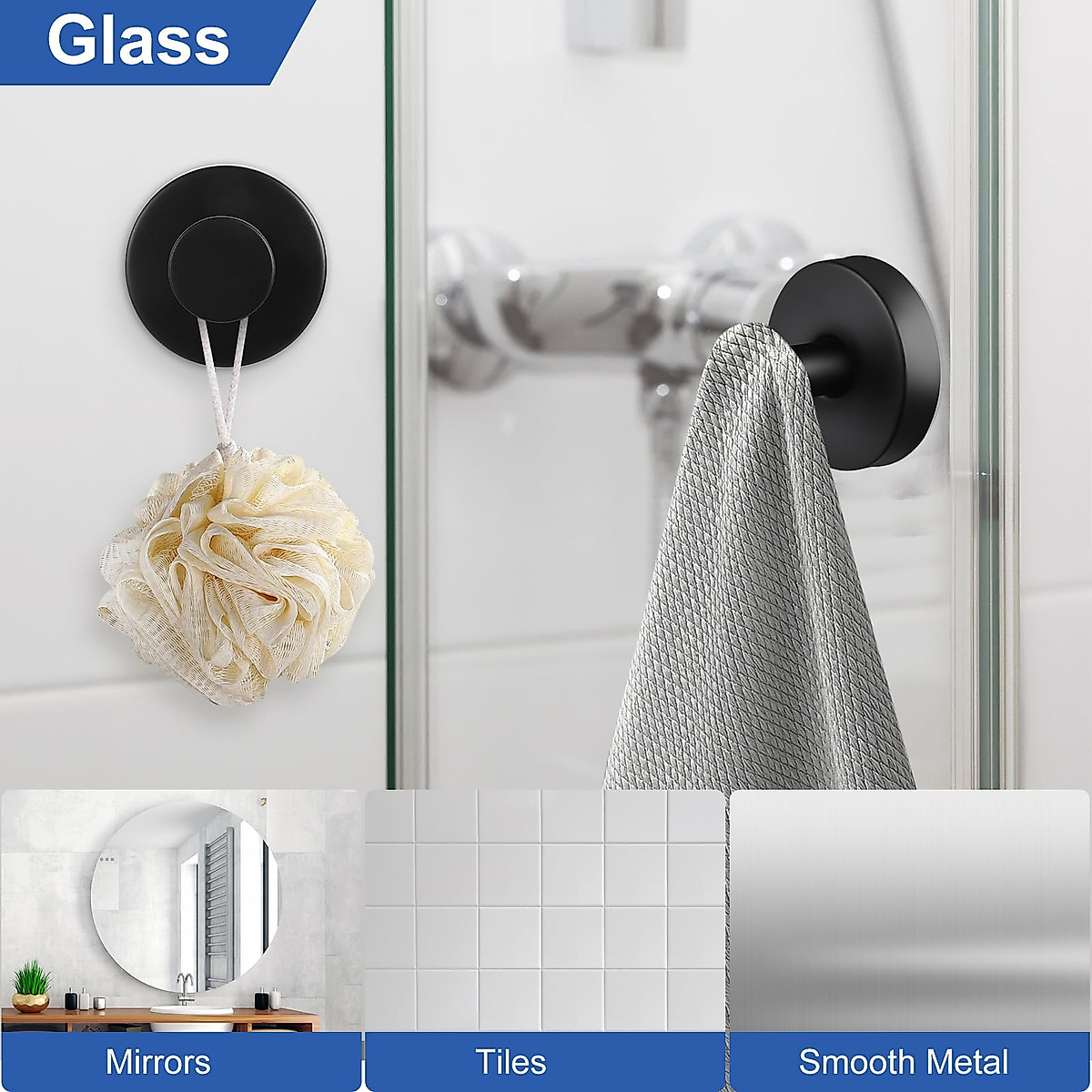 Dntorx Vacuum Suction Cup Hooks, Stainless Steel Suction Hooks for Shower Bathroom Towel Hooks Shower Hooks Holders Black Matte Shower Hooks Hanging Towels, Loofah, Robe, Coat, 2 Pack